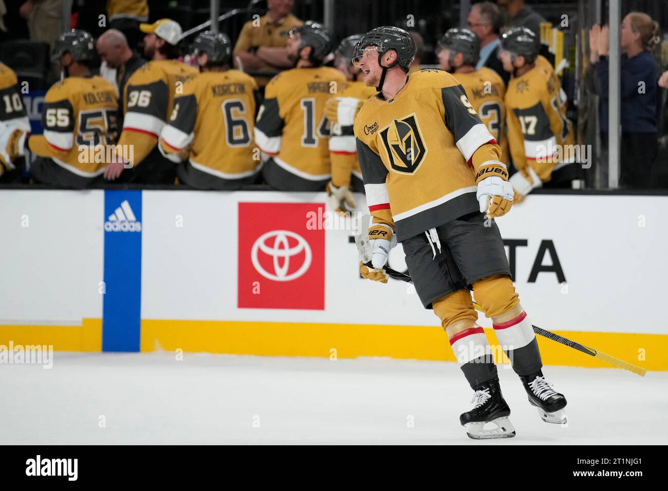 Vegas Golden Knights center Jack Eichel (9) celebrates after scoring ...