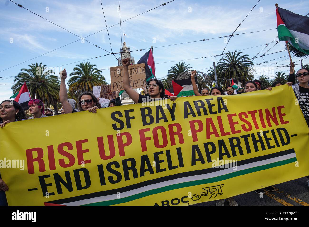 People hold placards and banners and wave the flags of Palestine when ...