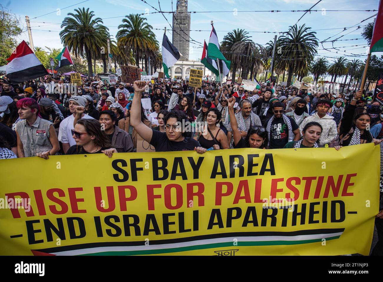 People hold placards and banners and wave the flags of Palestine when ...