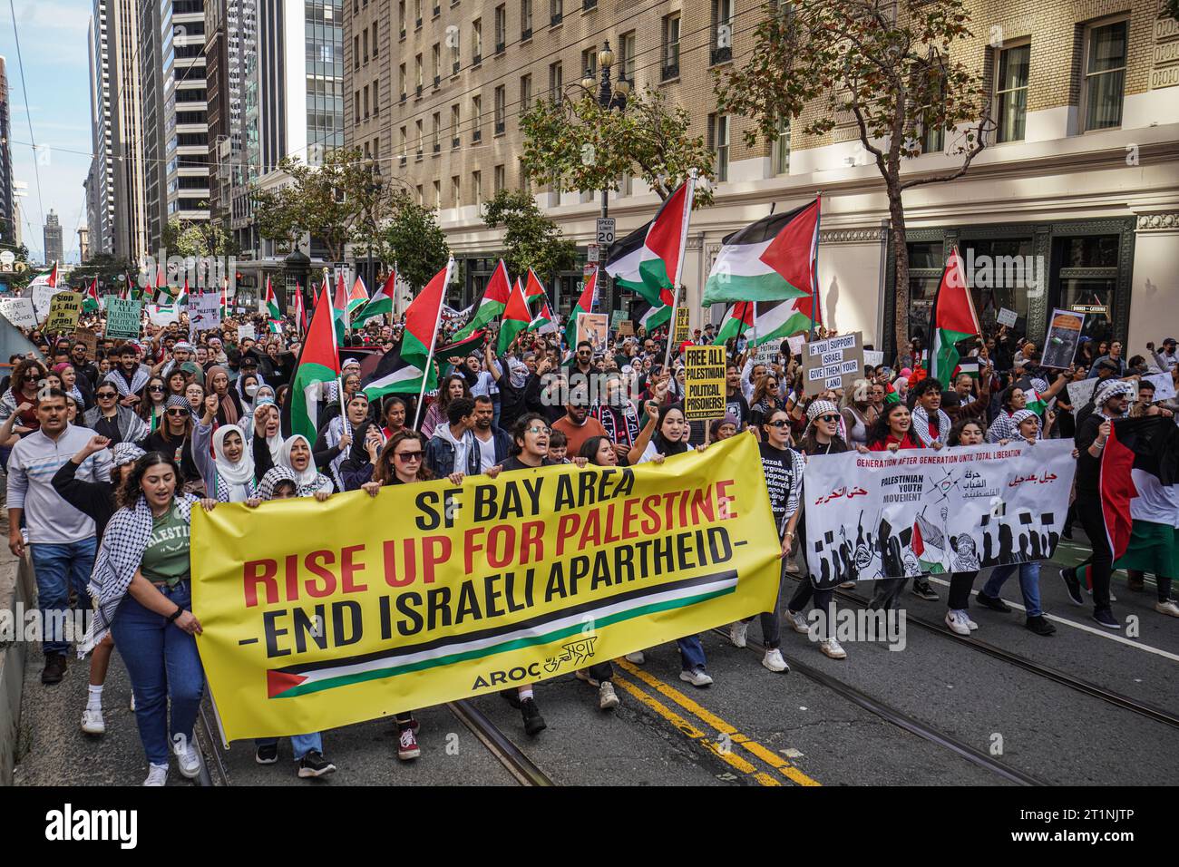 People hold placards and banners and wave the flags of Palestine when ...
