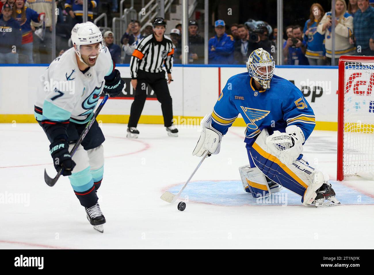 St. Louis Blues goaltender Jordan Binnington (50) blocks a shot by ...