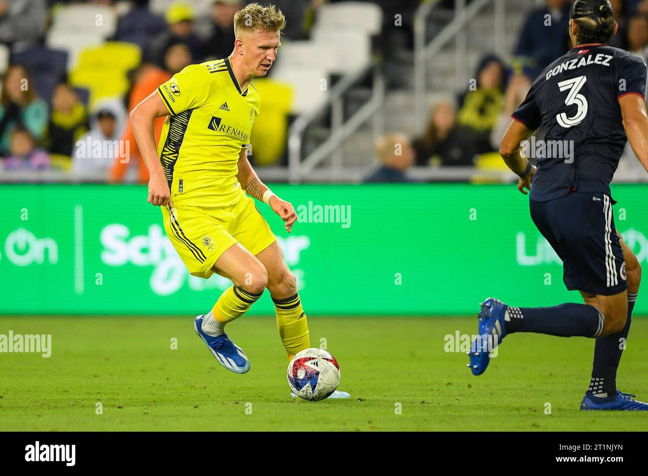 October 14, 2023: Nashville SC forward Sam Surridge (9) dribbles ...