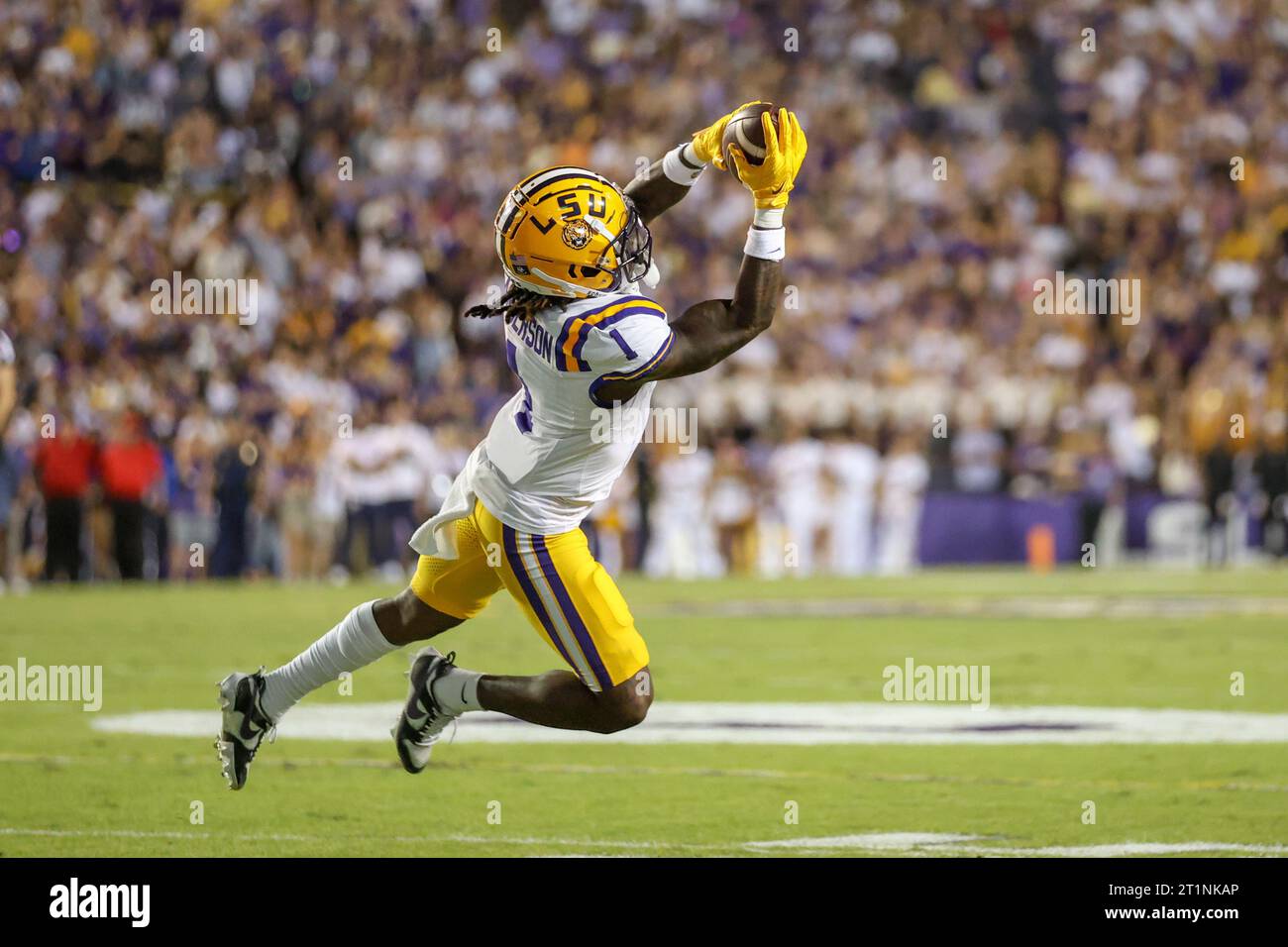 Baton Rouge, LA, USA. 14th Oct, 2023. LSU's Aaron Anderson (1) makes a leaping catch during NCAA ...