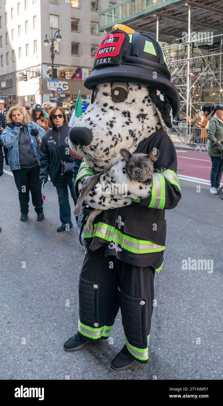 FDNY mascot holds French bulldog at 2023 Annual Columbus Day parade on ...