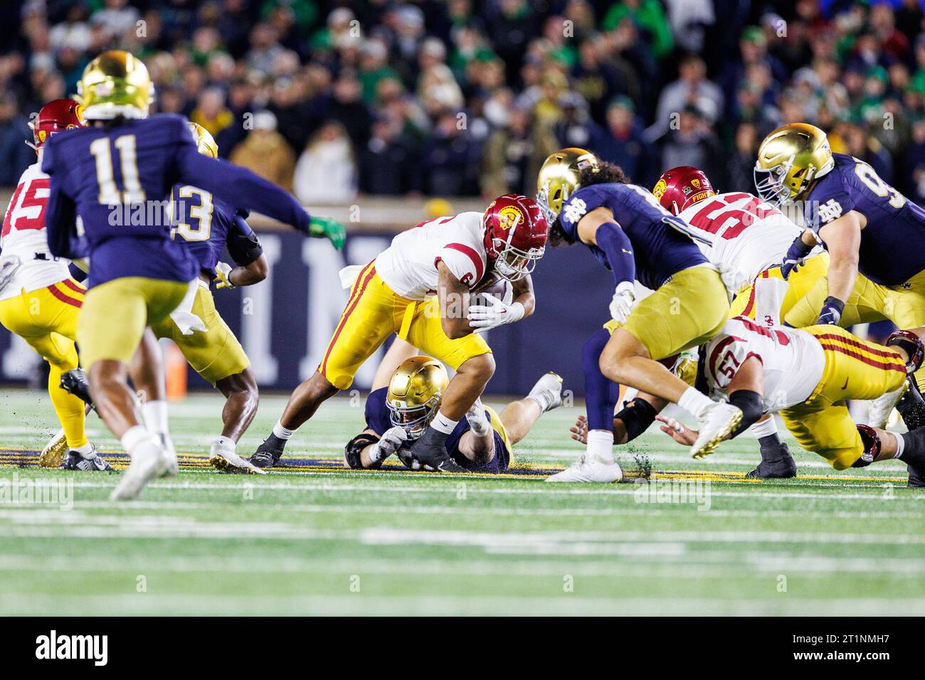 South Bend, Indiana, USA. 14th Oct, 2023. USC running back Austin Jones (6) runs with the ball ...