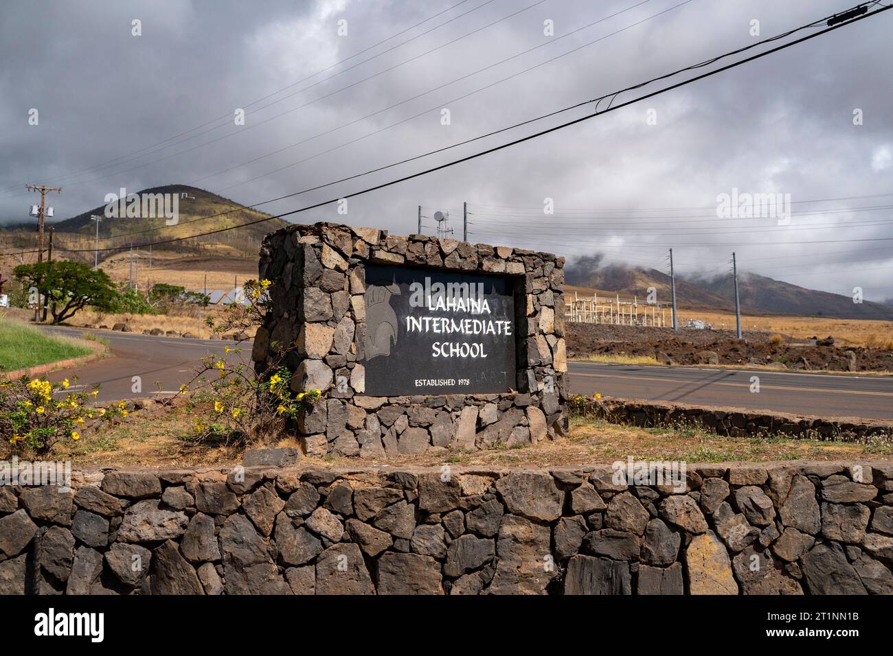 A sign for Lahaina Intermediate is shown on Tuesday, Oct. 3, 2023, in ...