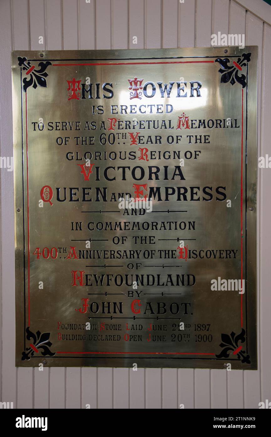 Queen Victoria commemoration sign inside Cabot Tower at Signal Hill ...