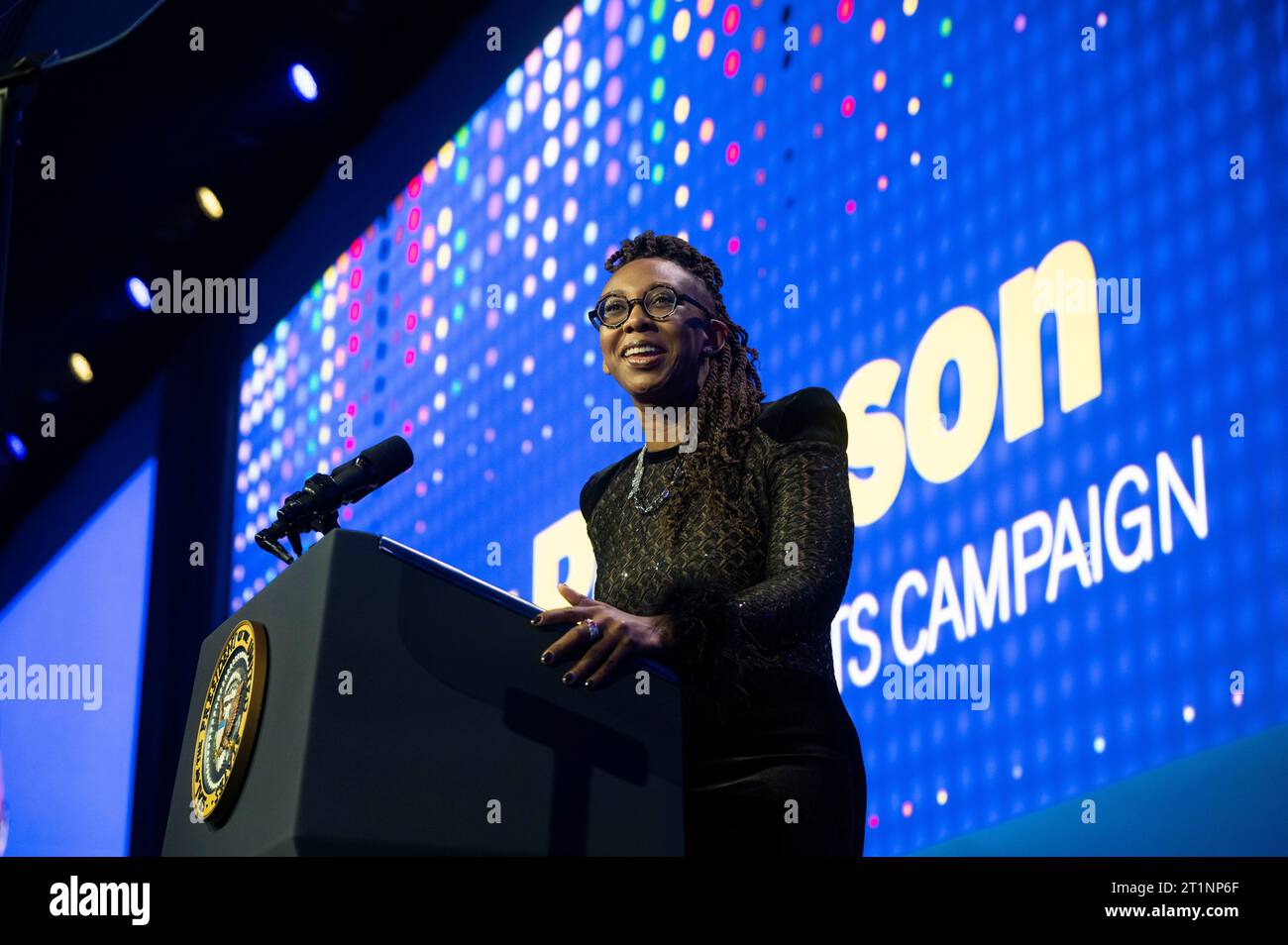 IMAGE DISTRIBUTED FOR HUMAN RIGHTS CAMPAIGN - HRC President Kelley Robinson introduces President ...