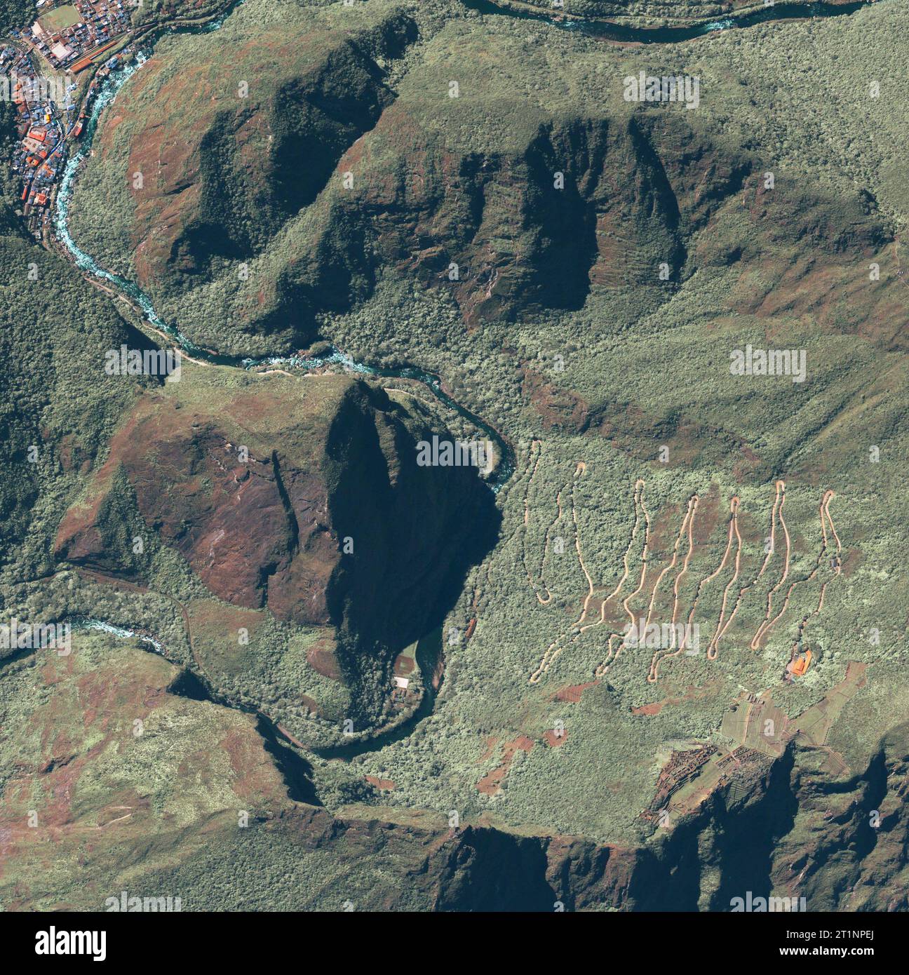 Location, aerial landscape and Earth with satellite image, mountain and ...