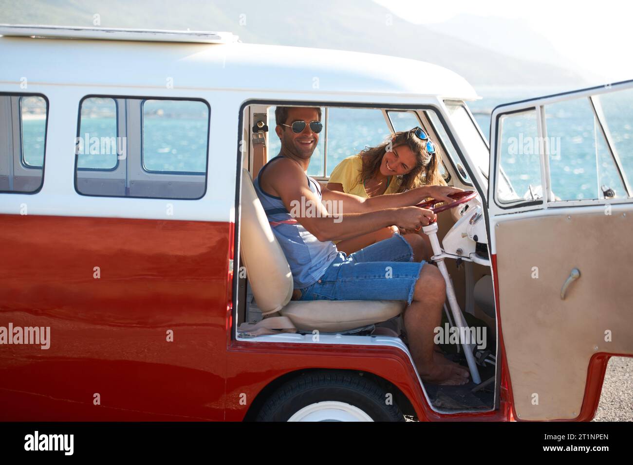 Caravan, transportation and couple on road trip, travel and vacation ...