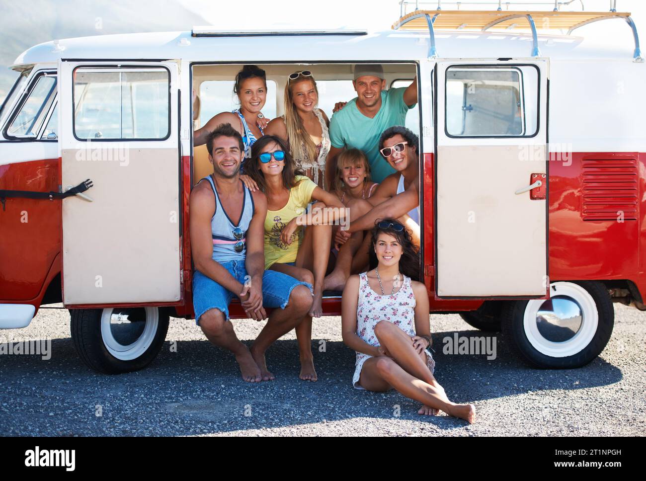 Caravan, transport and friends on road trip, travel and summer vacation ...