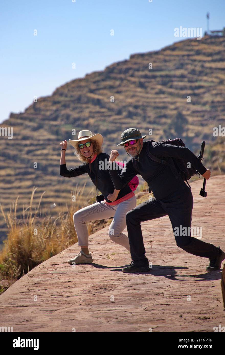 Happy mature couple hiking in Peru and having fun Stock Photo - Alamy