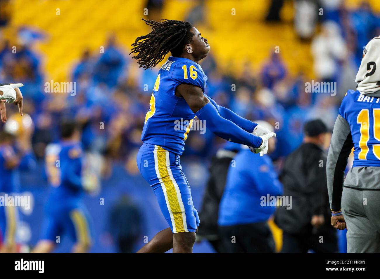 October 14, 2023: Pitt Panthers defensive back Jesse Anderson (16) runs ...