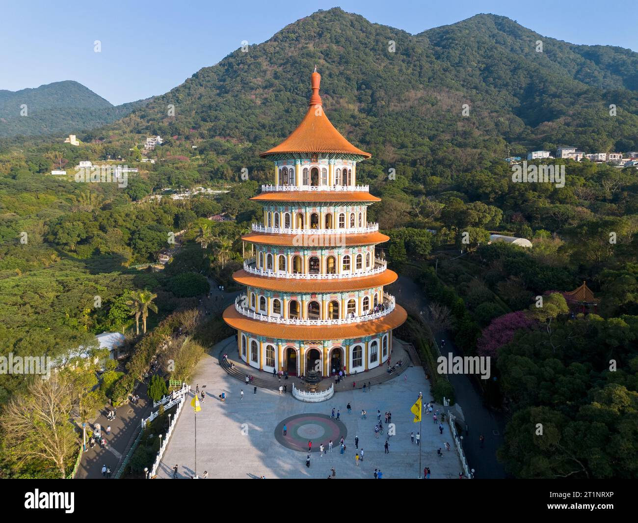 Aerial view of Wuji Tianyuan Temple by drone in Tamsui, New Taipei City ...