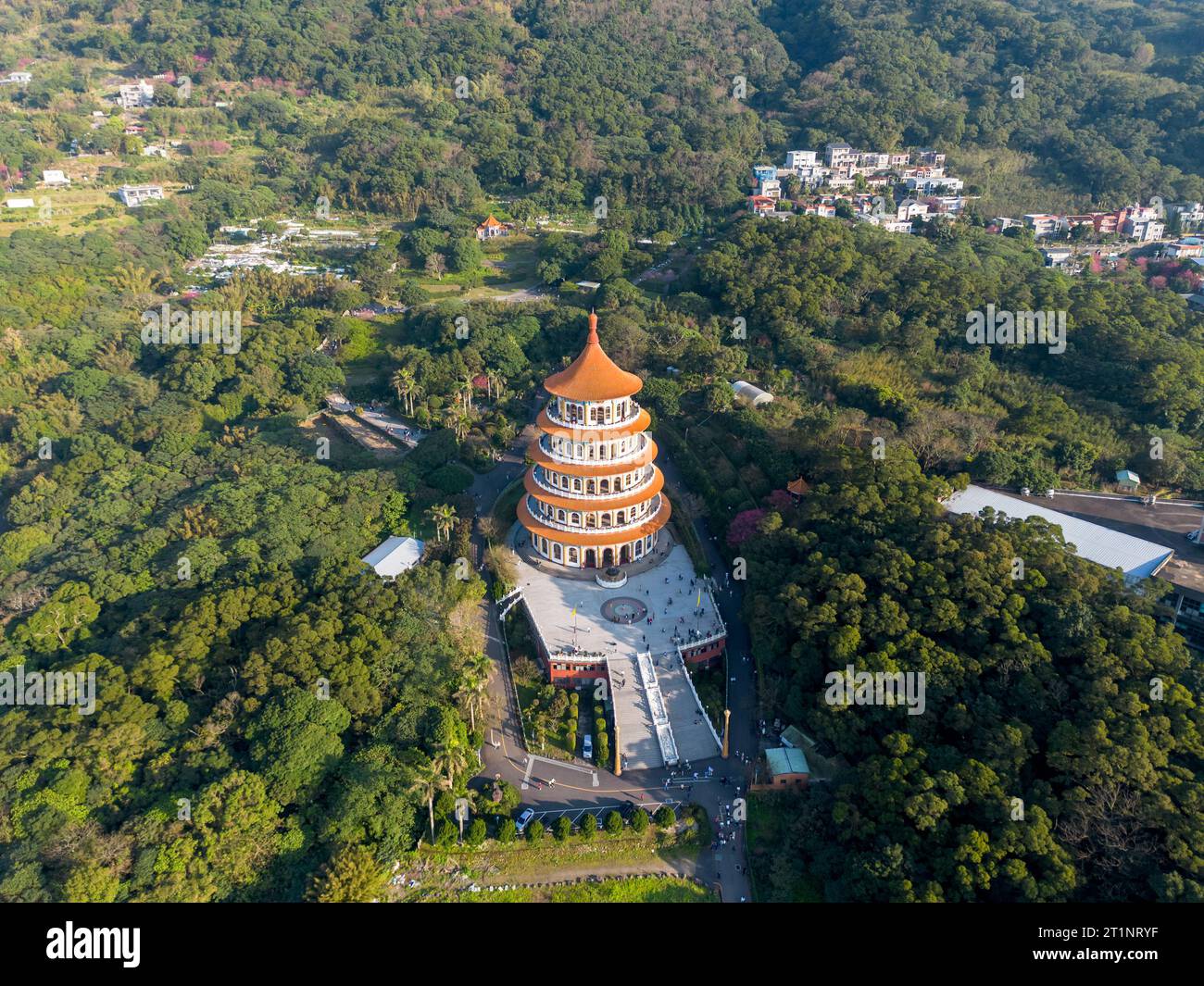 Aerial view of Wuji Tianyuan Temple by drone in Tamsui, New Taipei City ...