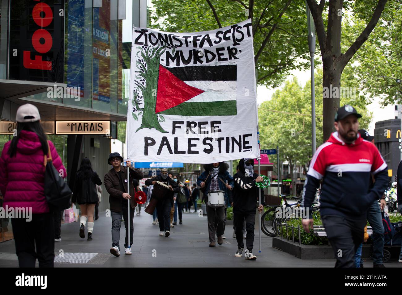 Melbourne, Australia, 15 October, 2023. A free Palestine banner is seen ...