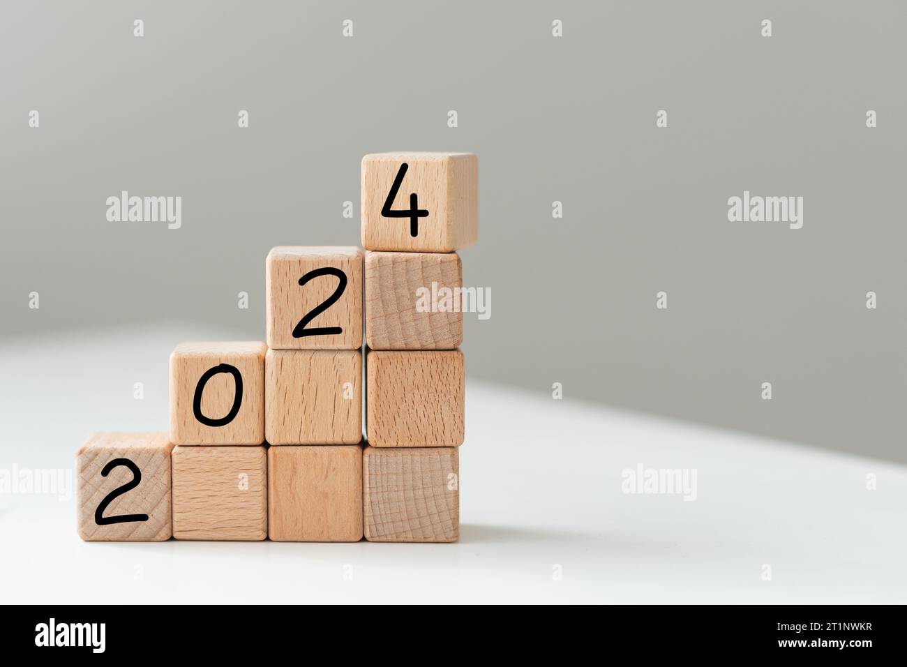 The inscription 2024 on wooden blocks on white background. Letter text ...