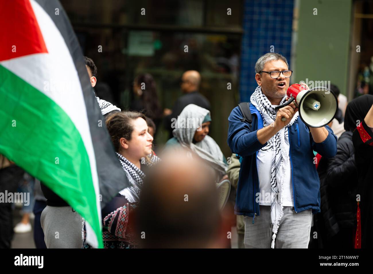 Melbourne, Australia, 15 October, 2023. A man is seen chanting with a ...