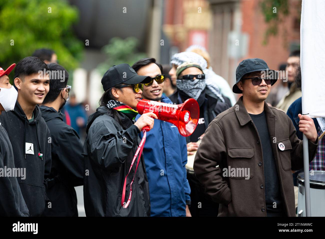 Melbourne, Australia, 15 October, 2023. A man holds a megaphone during ...
