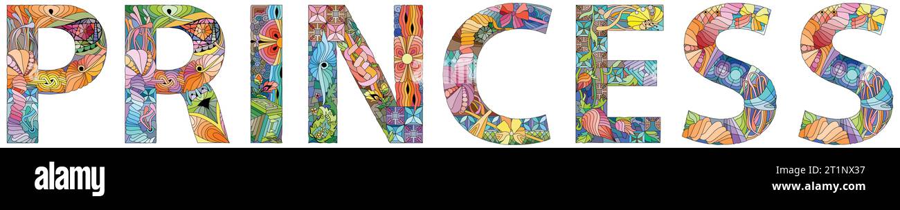 Hand-painted art design. Hand drawn illustration word PRINCESS for t ...