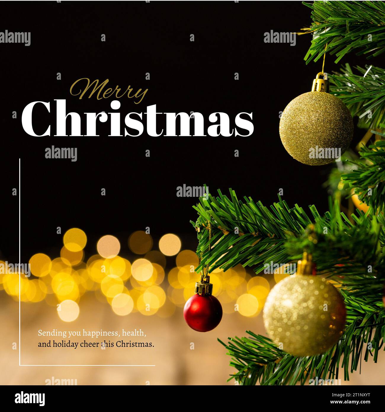 Composite of merry christmas text over chritsmas tree and lens flare ...