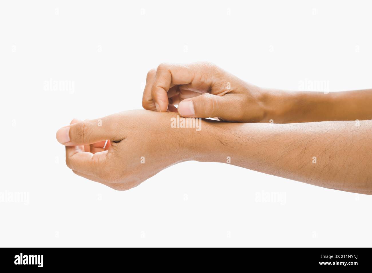 The man is scratching his back of hand because he has an itch due to an ...