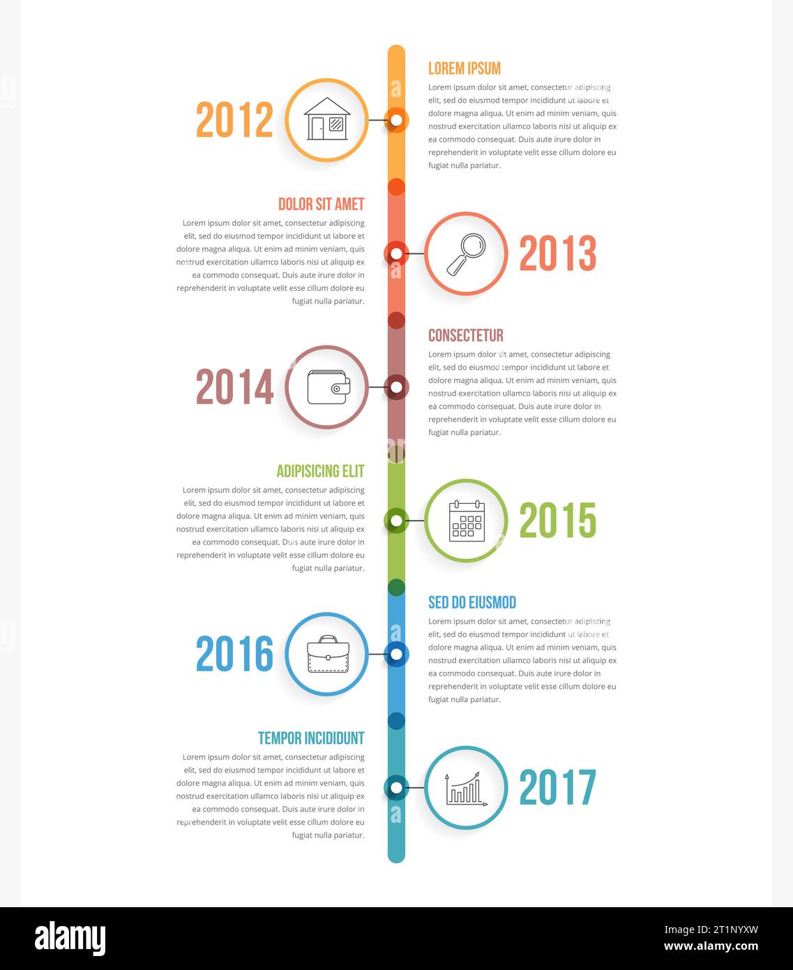 Vertical timeline infographics template with colorful circles, workflow ...