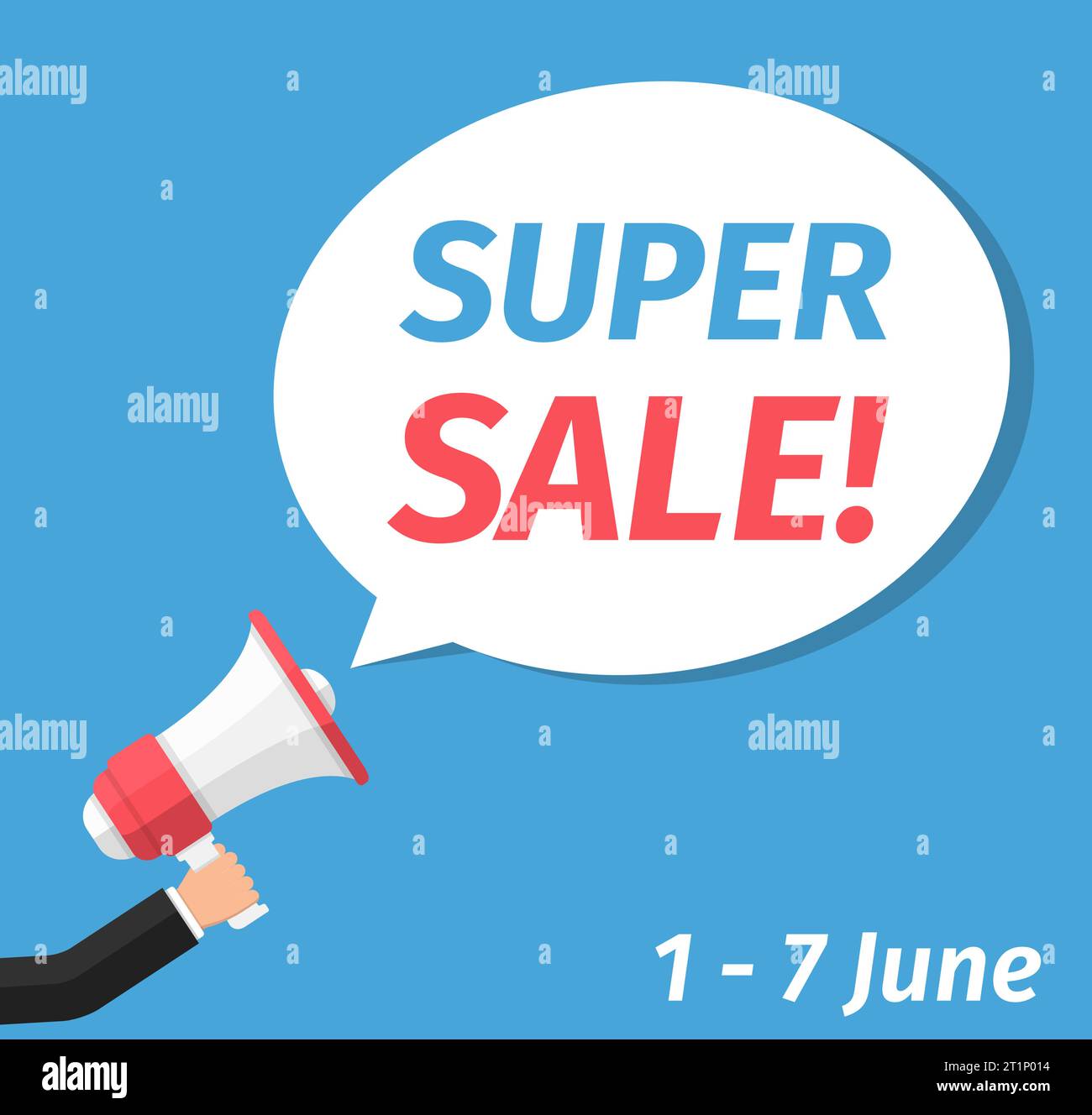 Super sale announcement, hand holding megaphone and specch bubble ...