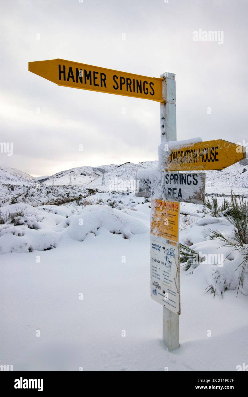 Fresh snow on sign posts, Molesworth road to Hamner Springs, South ...