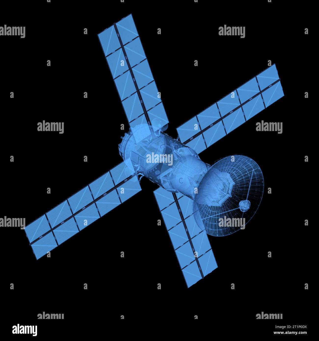 3d rendering satellite dish with solar panel x-ray or scan in blue ...