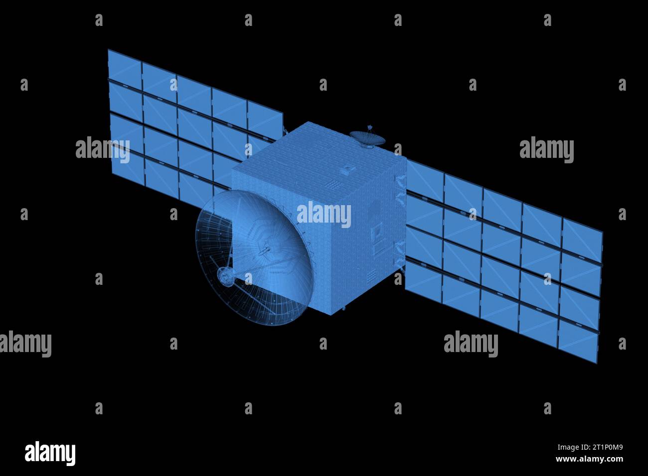 3d rendering satellite dish with solar panel x-ray or scan in blue transparent isolated on black ...