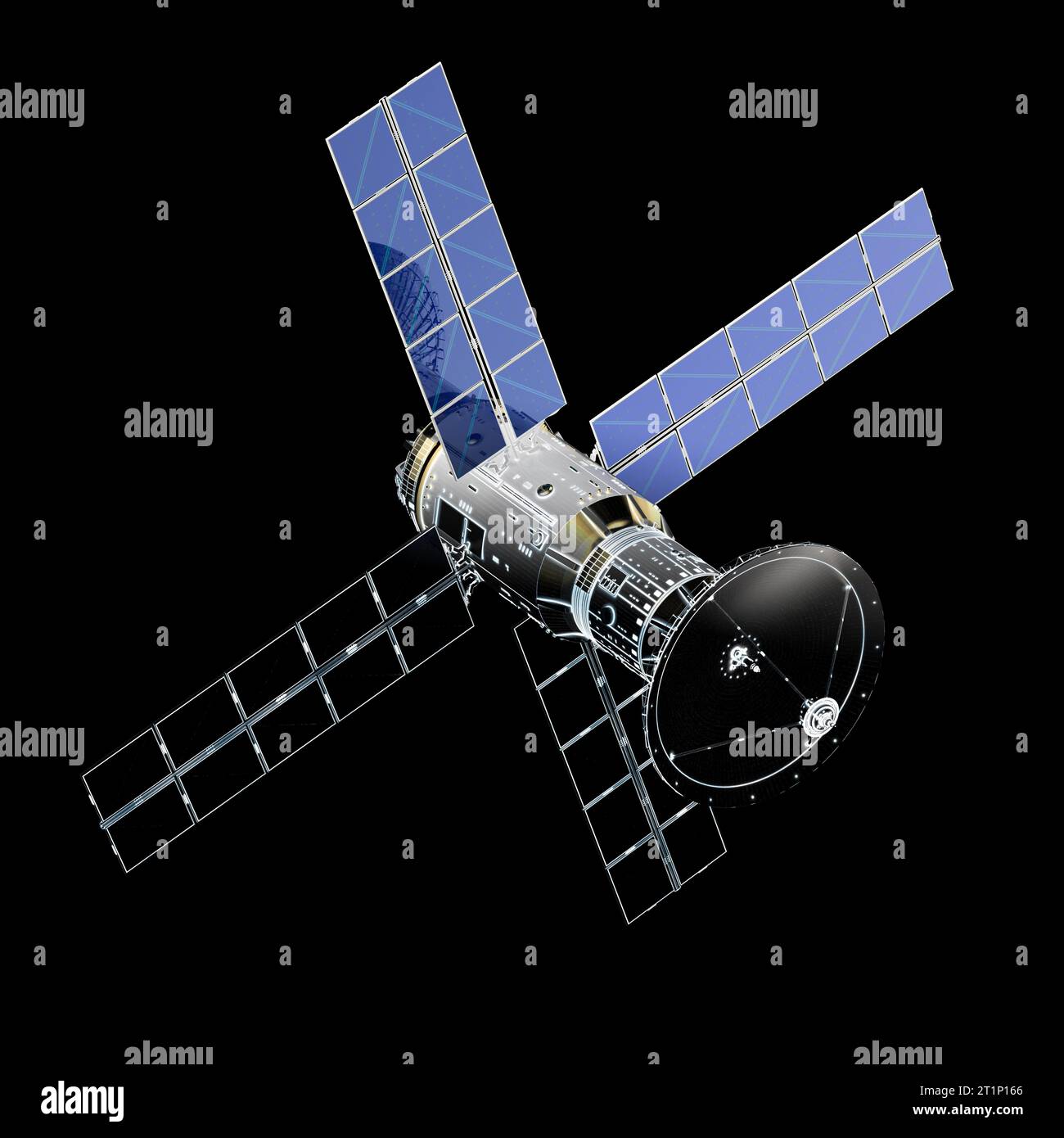 3d rendering wireframe satellite dish with solar panel isolated on ...