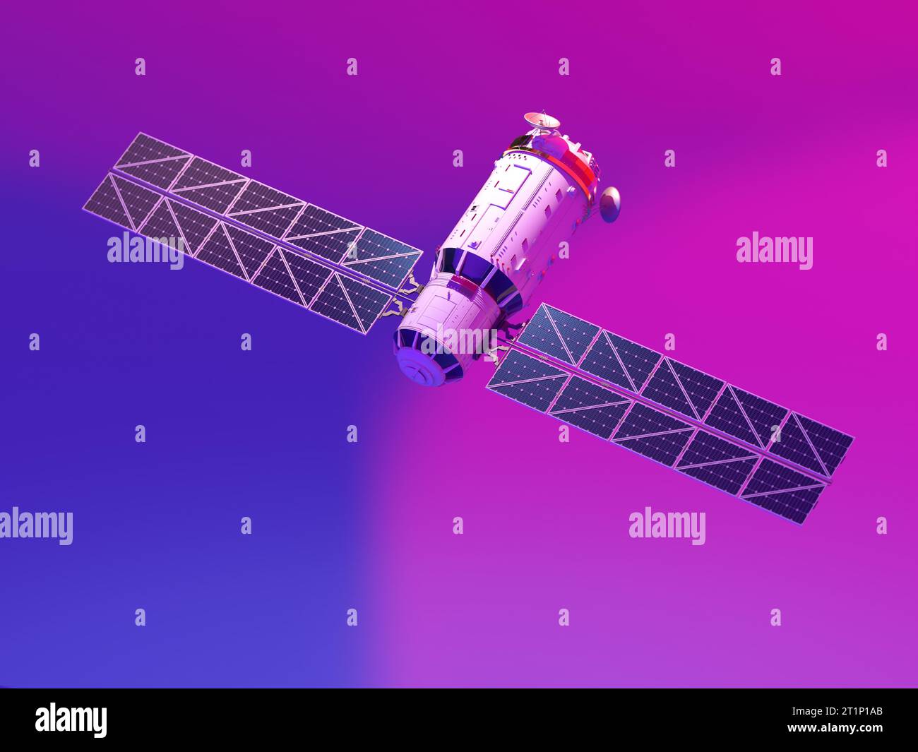 3d rendering satellite dish with solar panel on neon glow background ...