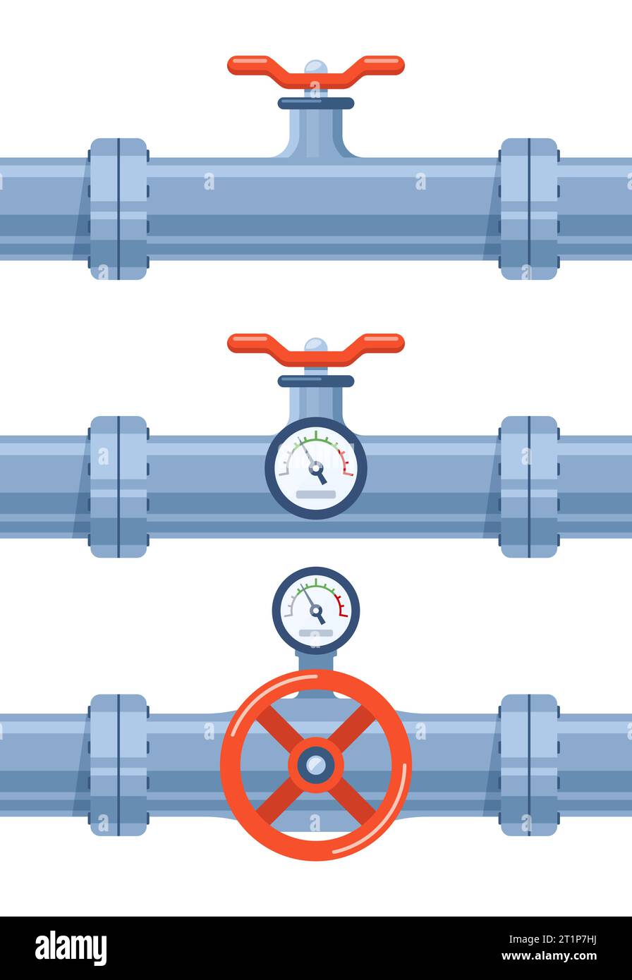 Pipe of water with valve and meter of pressure. Pipe elements. System ...