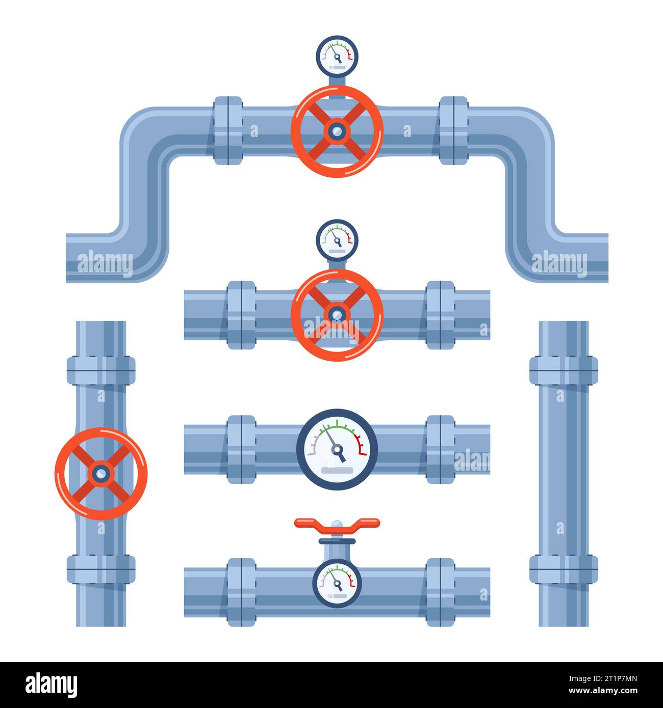 Pipe of water with valve and meter of pressure. Pipe elements. System ...