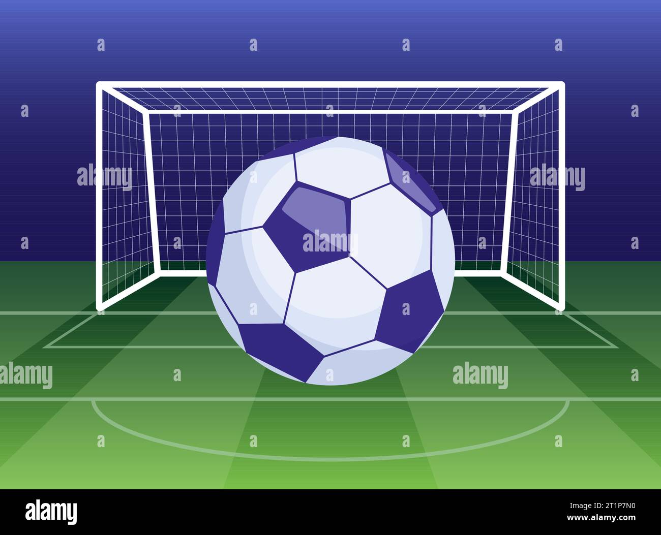 Soccer ball on green field in front of goal post. Football ball against ...