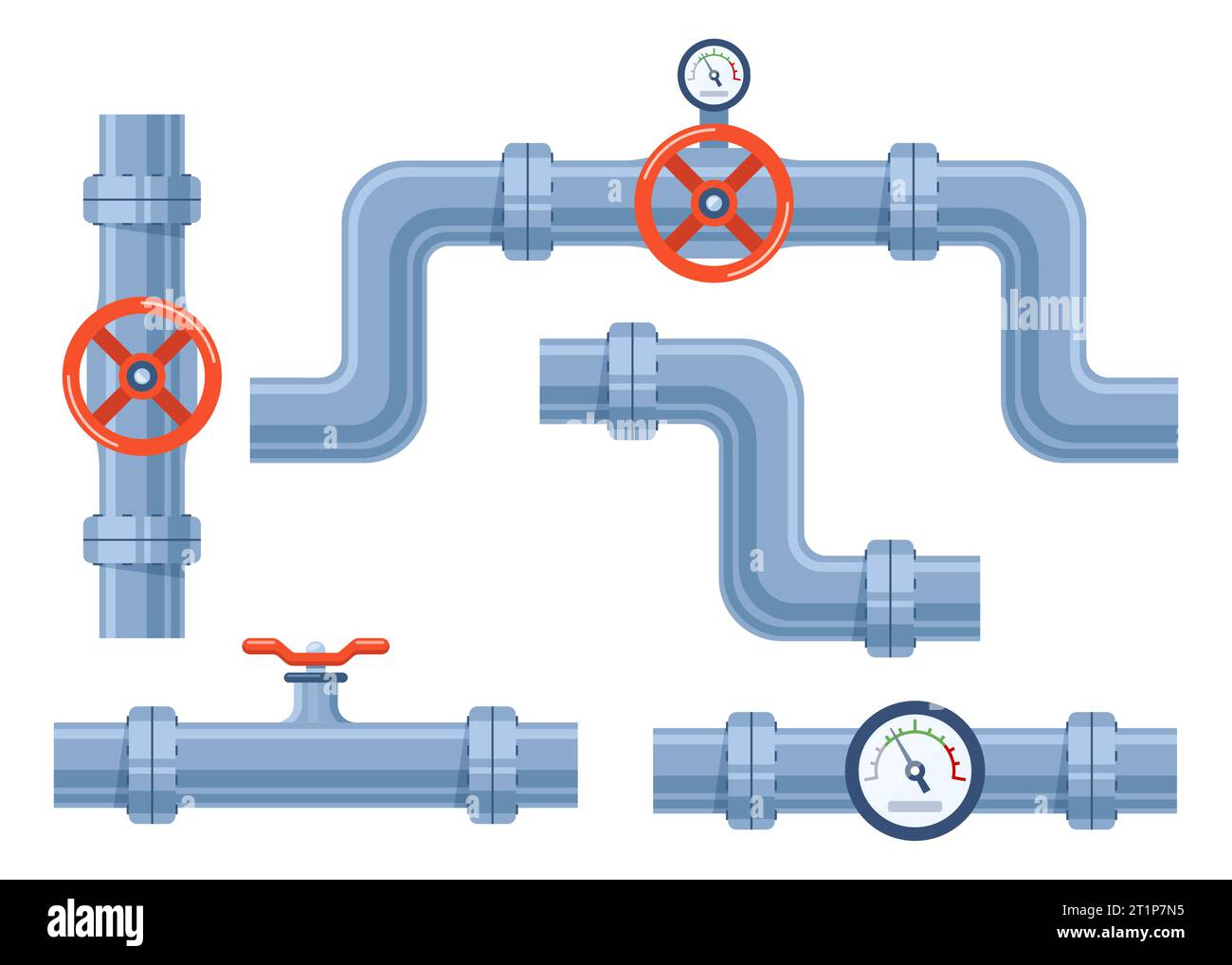 Pipe of water with valve and meter of pressure. Pipe elements. System ...