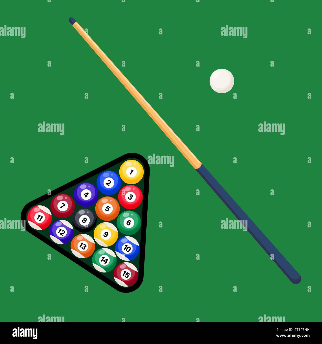 Billiard cue and pool balls in triangle on green table. Billiard balls ...