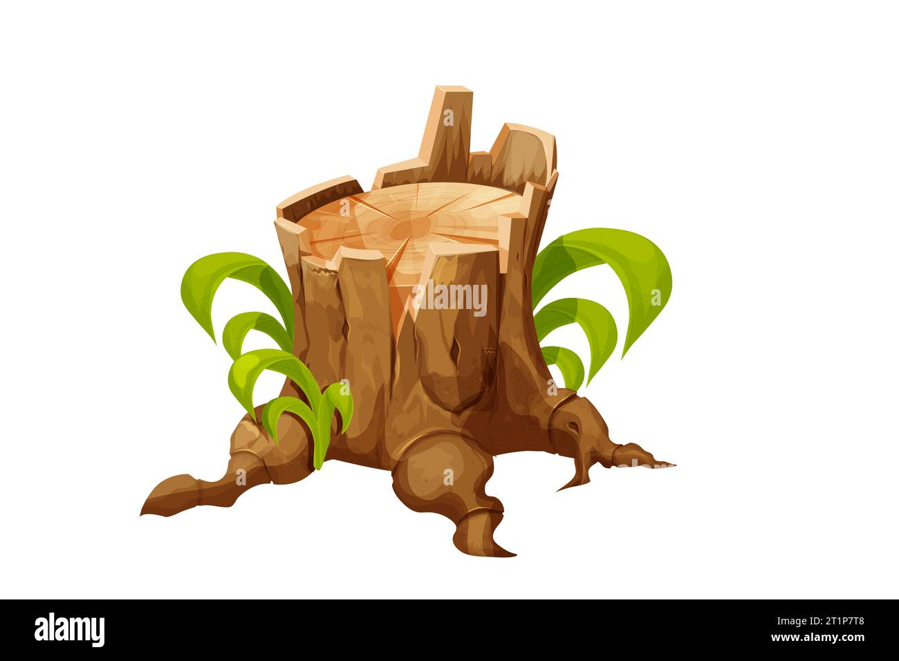 Wooden stump forest tree trunk with roots, cut section in cartoon style isolated. Plant detailed ...