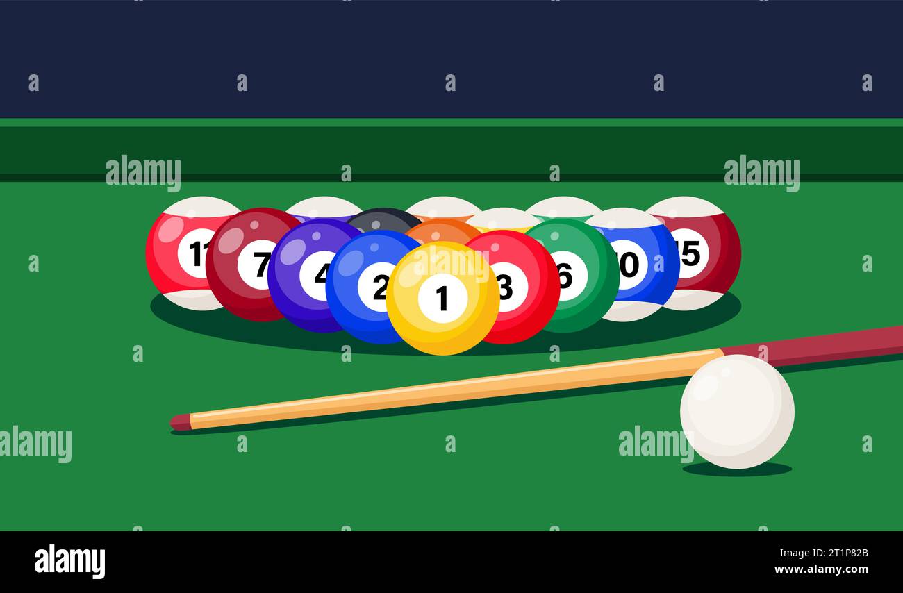 Billiard table with cue and gaming balls. Billiard room. Snooker or ...