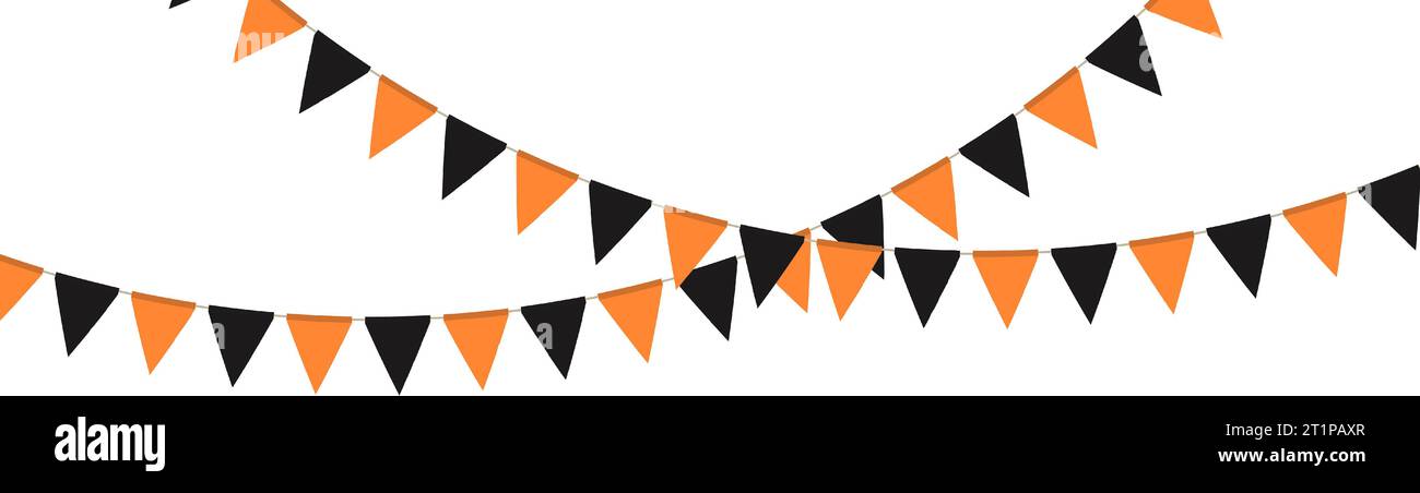 Black and orange flag garland. Triangle pennants chain. Party ...