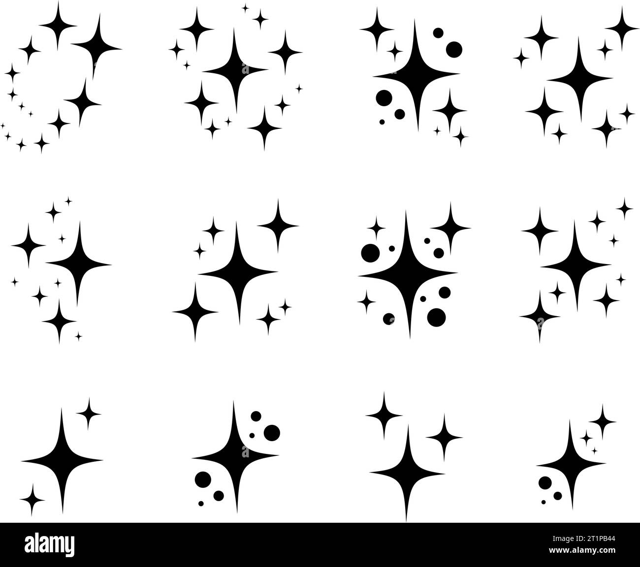 Black decorative sparkles set, sparkling stars, shiny flashes of fireworks. Collection original ...