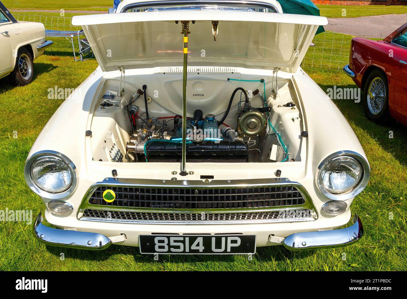 classic vintage1960s cream mark 1 Ford Cortina with bonnet up showing ...