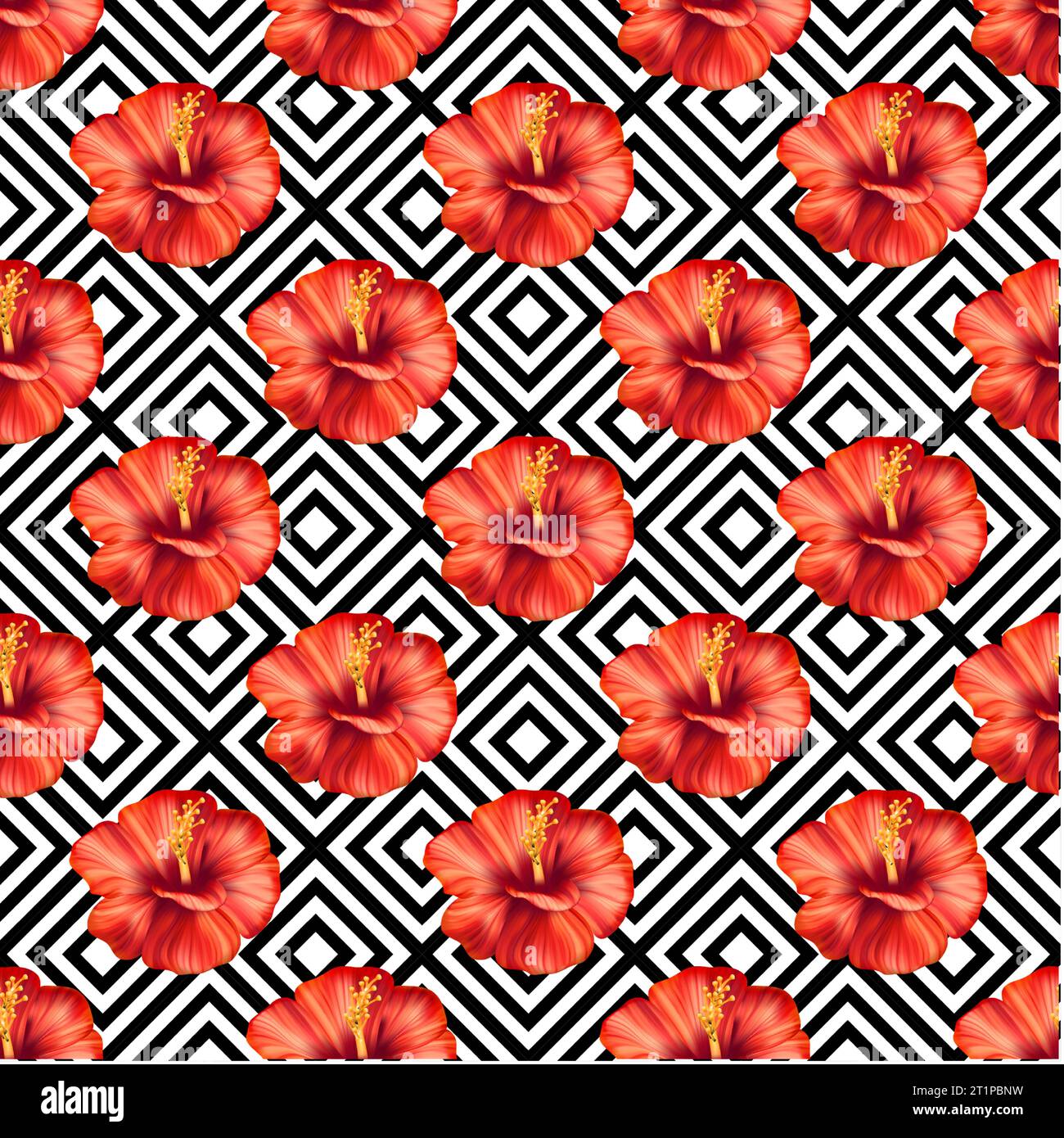 Red hibiscus tropical flowers on black and white strip rhombus Stock ...