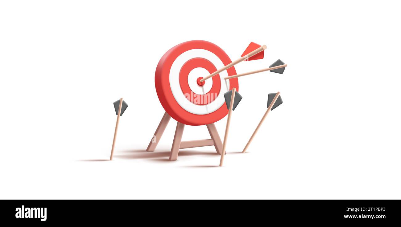 Archery target ring with one hitting center and many missed arrows ...