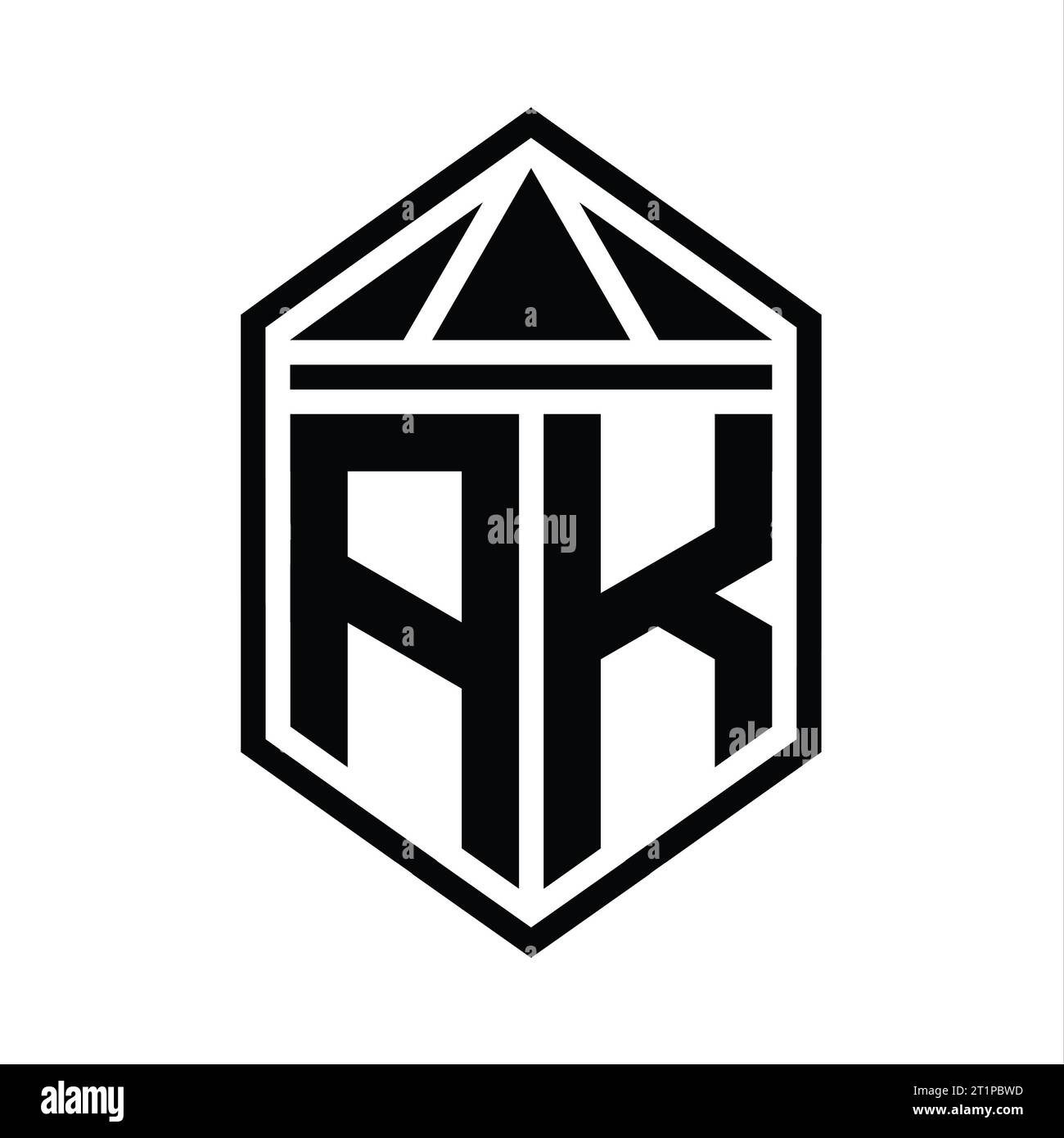 AK Letter Logo monogram simple hexagon shield shape with triangle crown ...