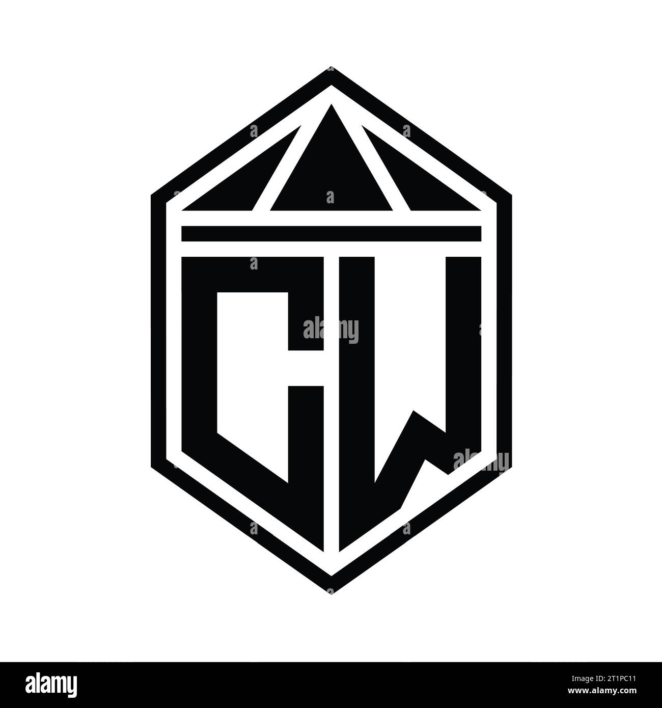 CW Letter Logo monogram simple hexagon shield shape with triangle crown ...