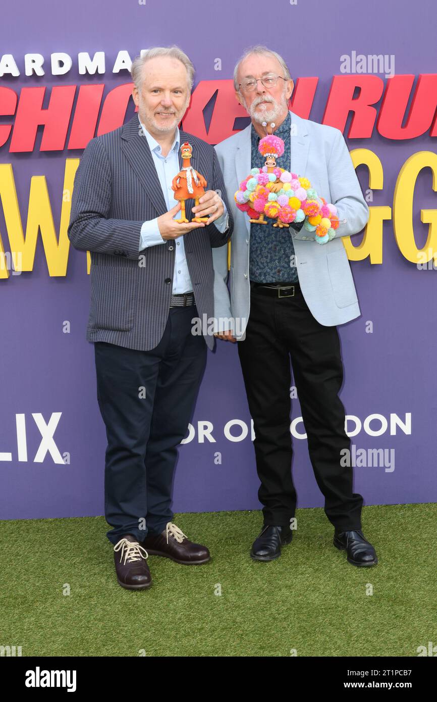 Nick Park with Chicken character Ginger and Peter Lord with Chicken ...