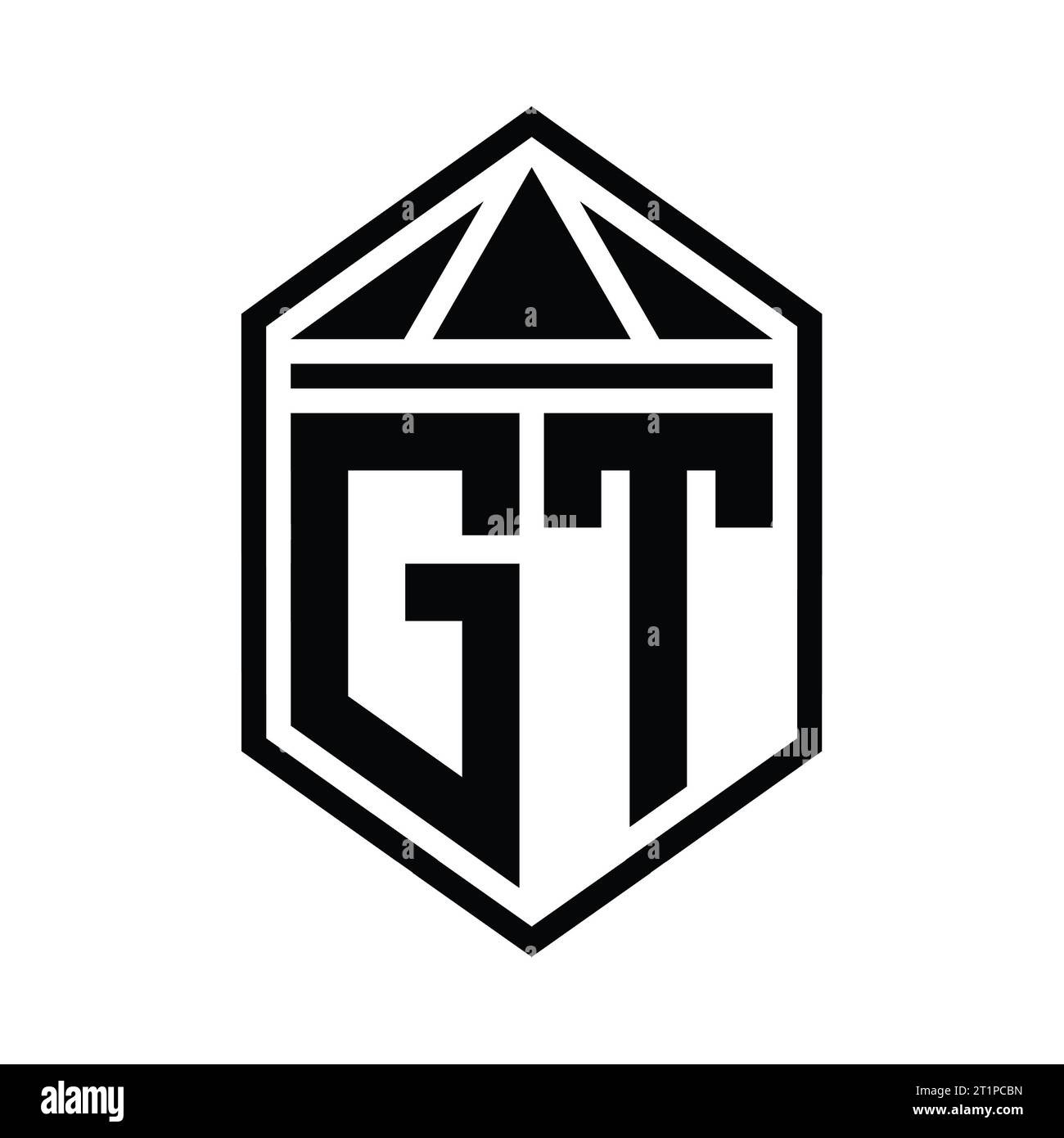 GT Letter Logo monogram simple hexagon shield shape with triangle crown ...