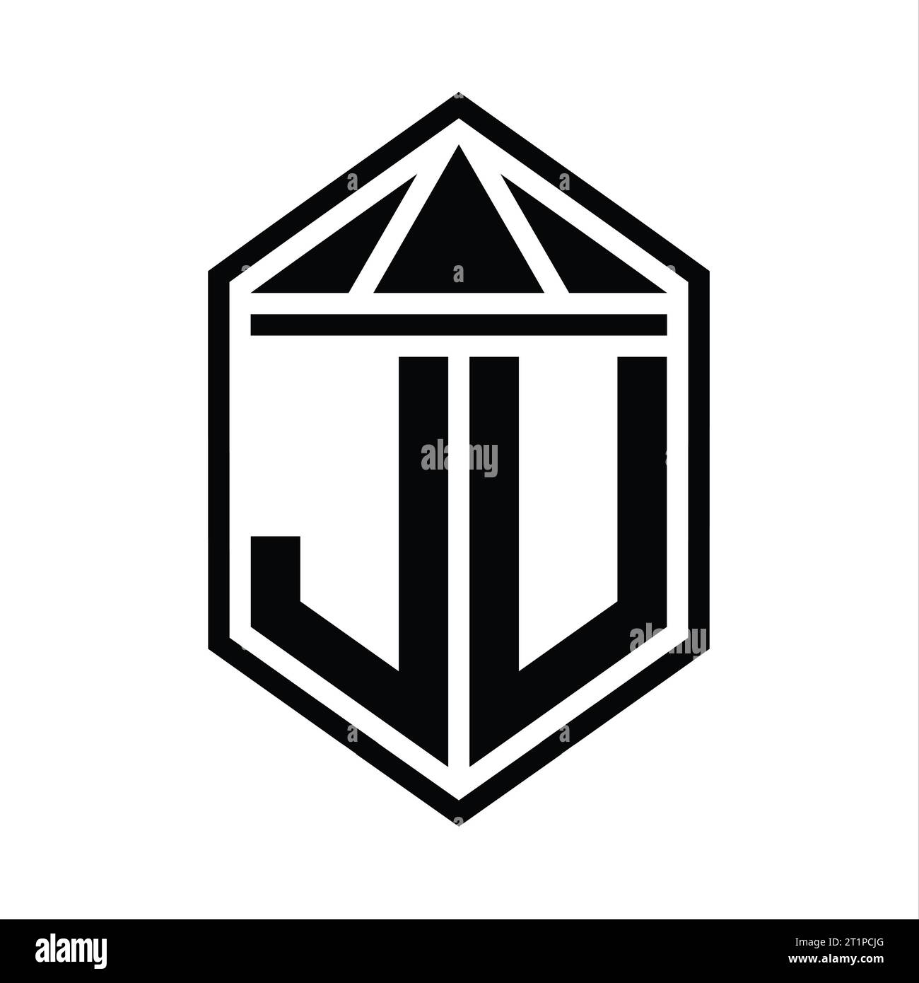 JU Letter Logo monogram simple hexagon shield shape with triangle crown isolated style design ...